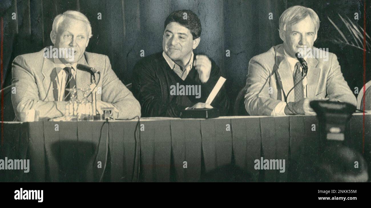 Bill Walsh, Eddie DeBartolo and George Seifert at a press conference ...