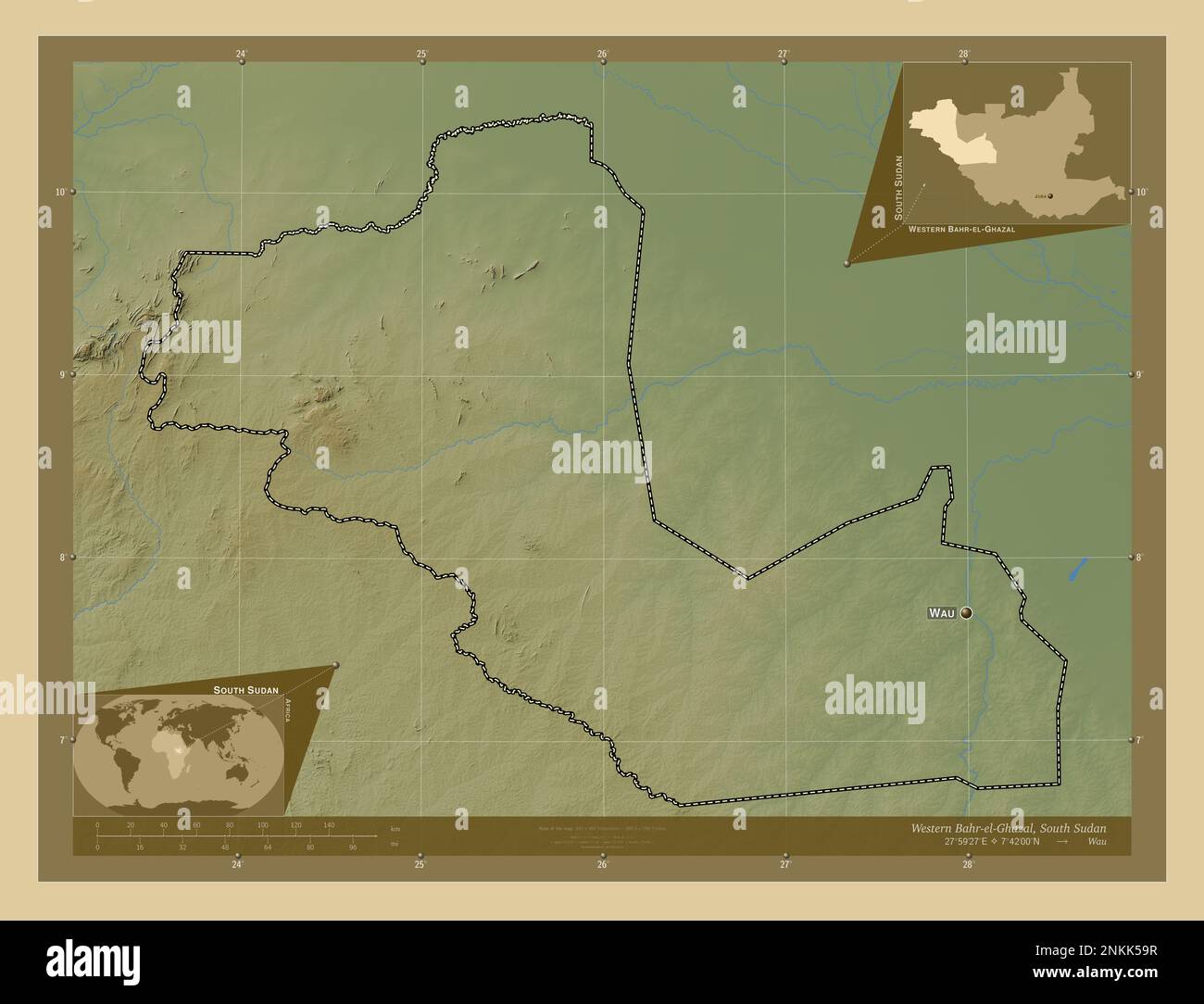 Western Bahr-el-Ghazal, state of South Sudan. Colored elevation map ...