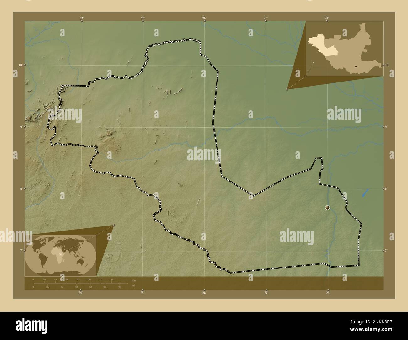 Western Bahr-el-Ghazal, state of South Sudan. Colored elevation map ...