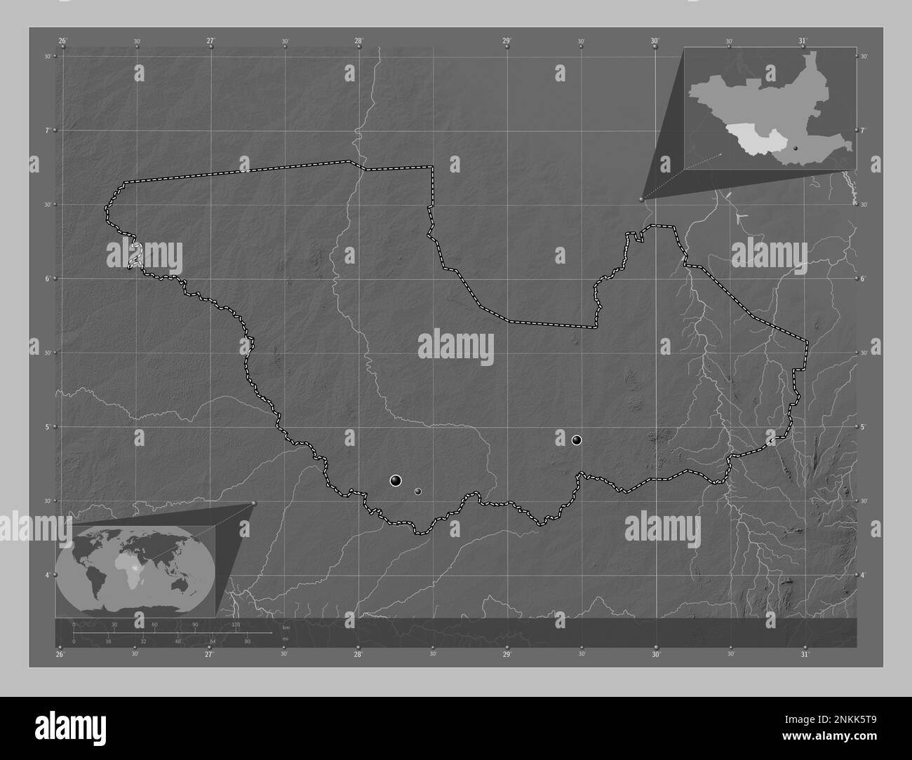 Western Equatoria, state of South Sudan. Grayscale elevation map with ...