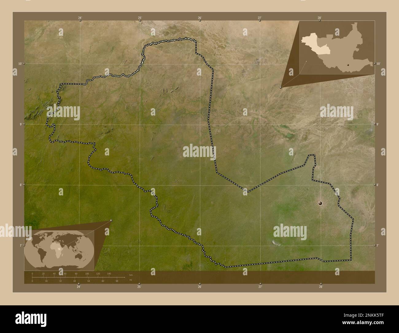 Western Bahr-el-Ghazal, state of South Sudan. Low resolution satellite map. Corner auxiliary ...