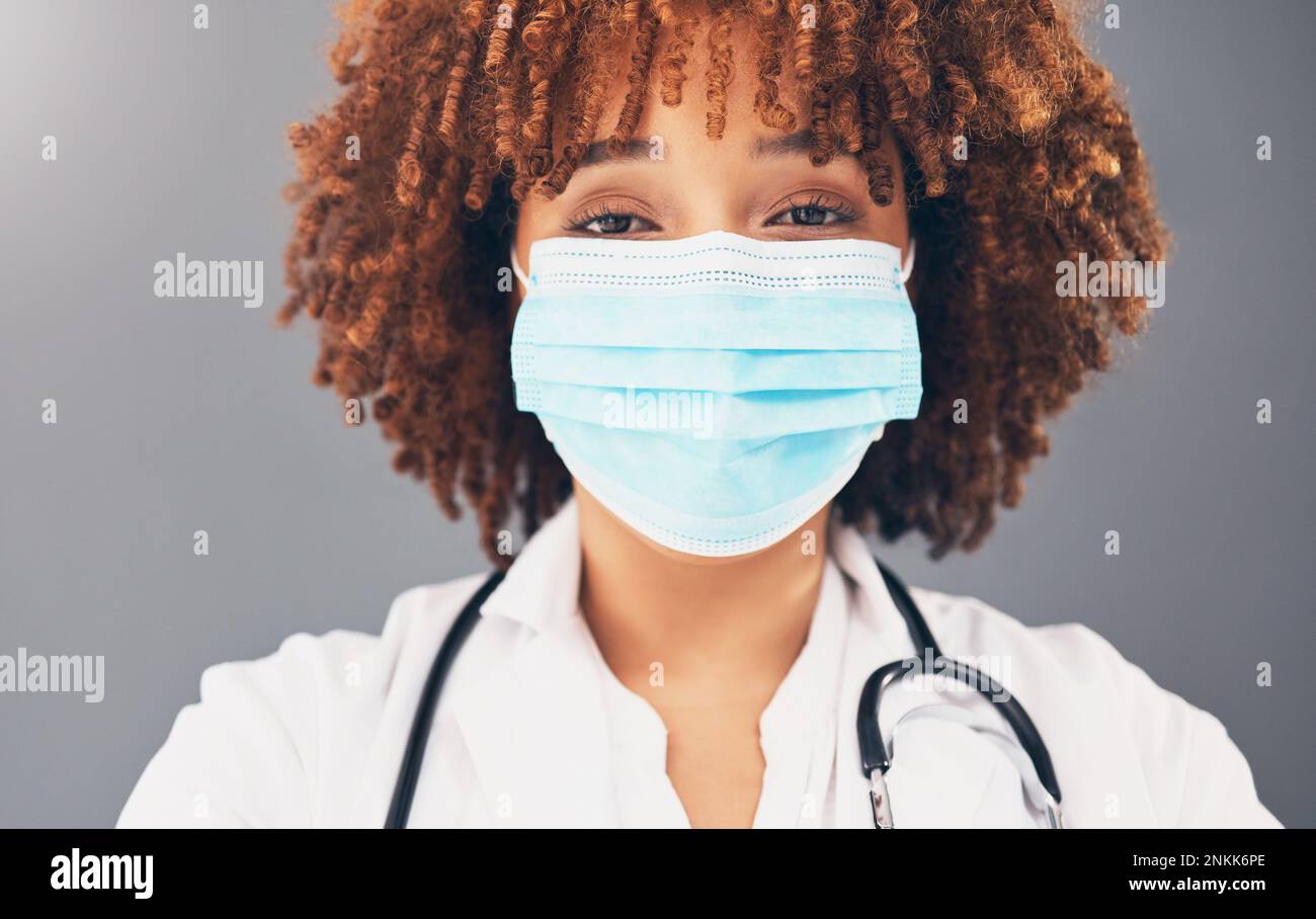 Portrait, healthcare and black woman with mask, wellness and protection ...