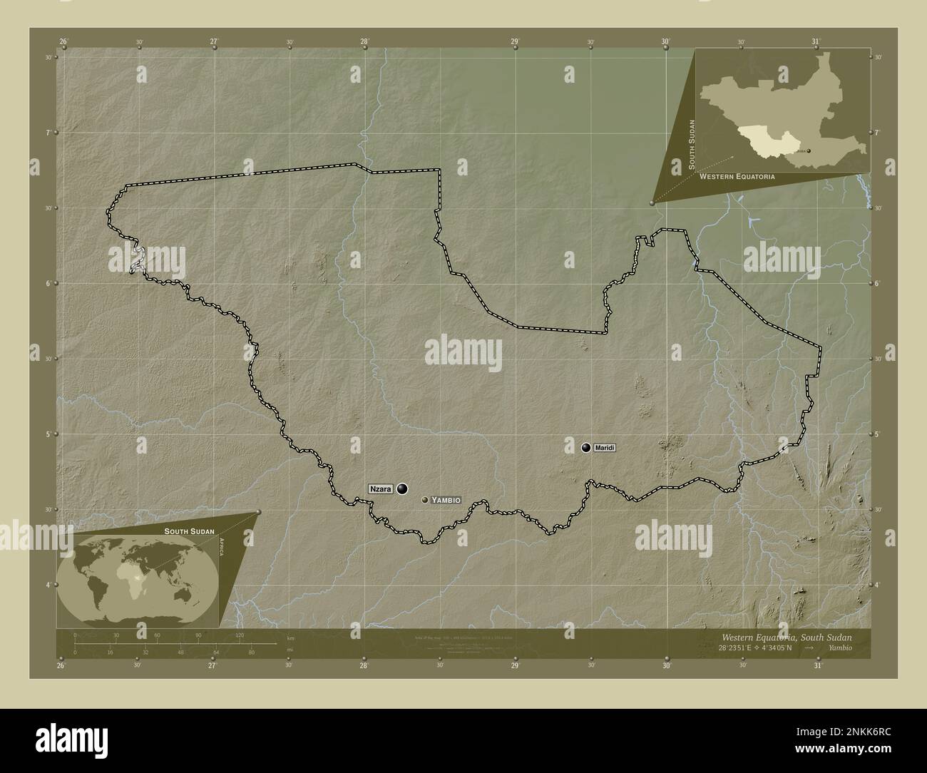 Western Equatoria, state of South Sudan. Elevation map colored in wiki ...