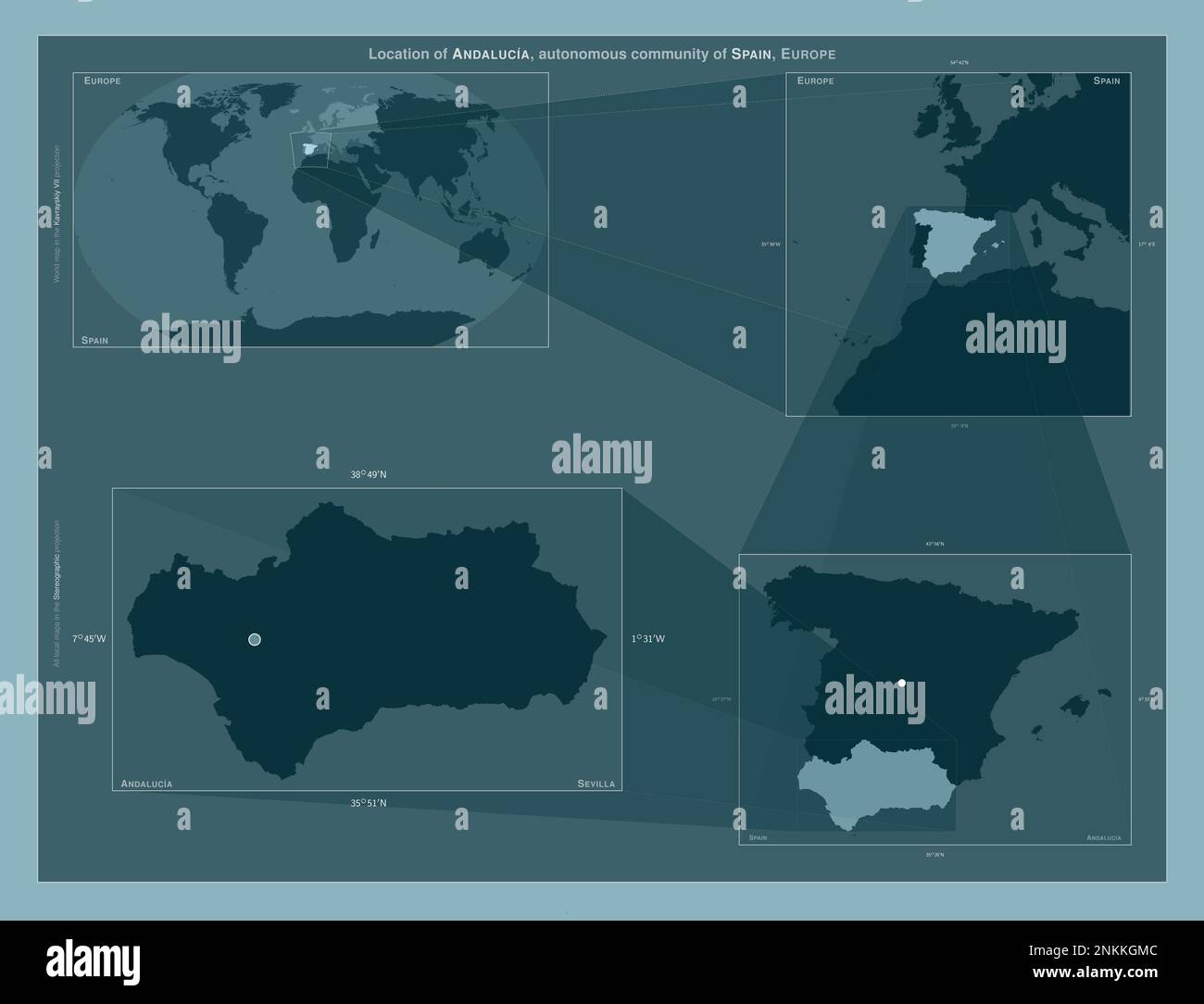 Andalucia, autonomous community of Spain. Diagram showing the location ...