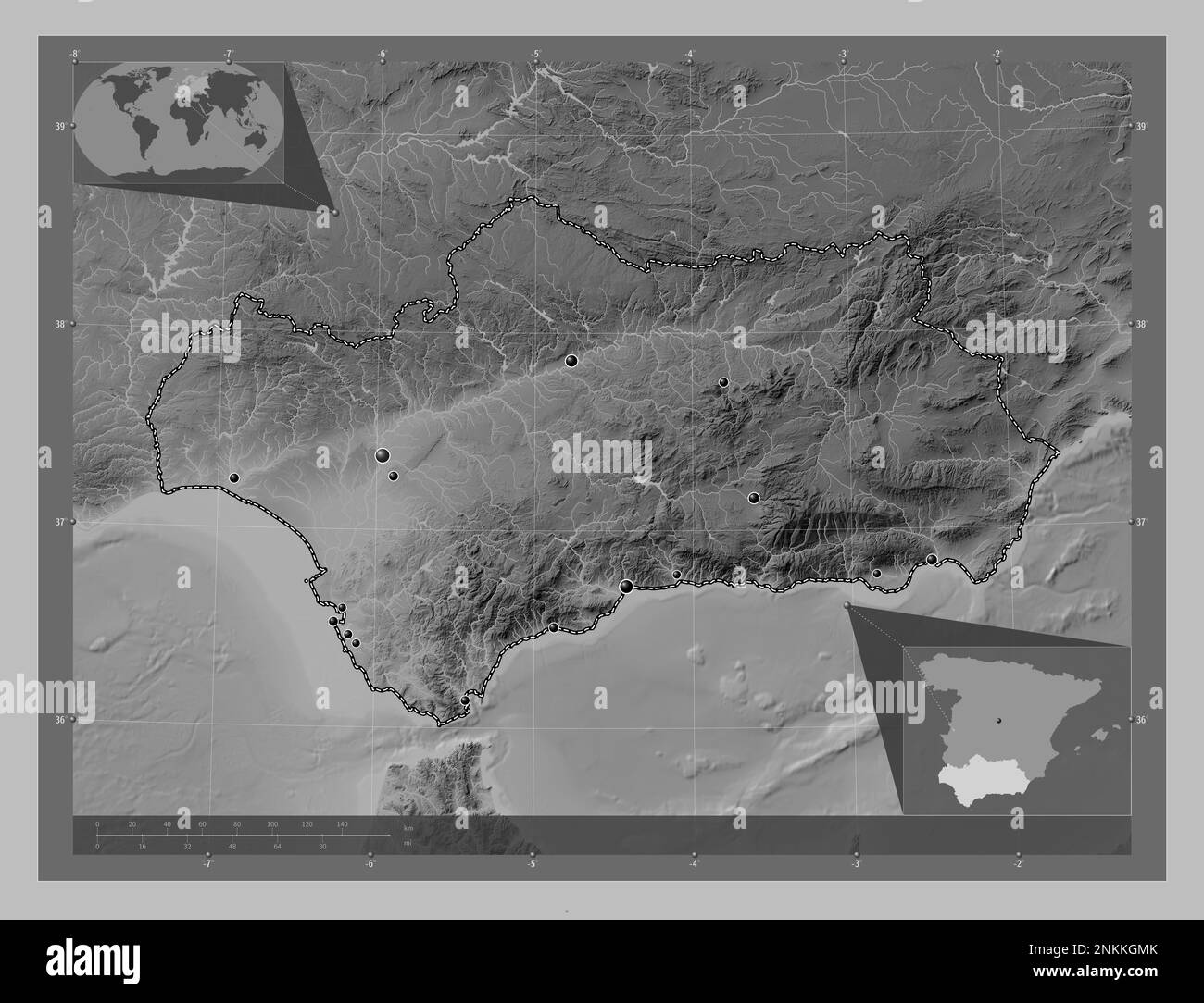 Andalucia, autonomous community of Spain. Grayscale elevation map with ...
