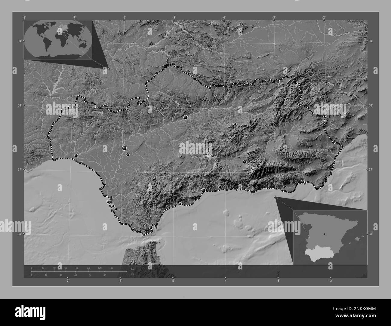 Andalucia, autonomous community of Spain. Bilevel elevation map with ...