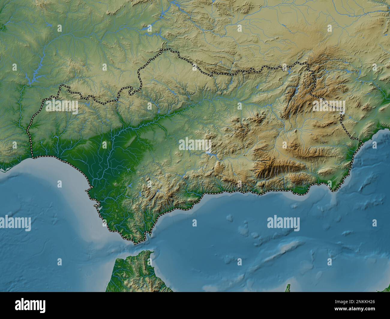 Andalucia, autonomous community of Spain. Colored elevation map with ...