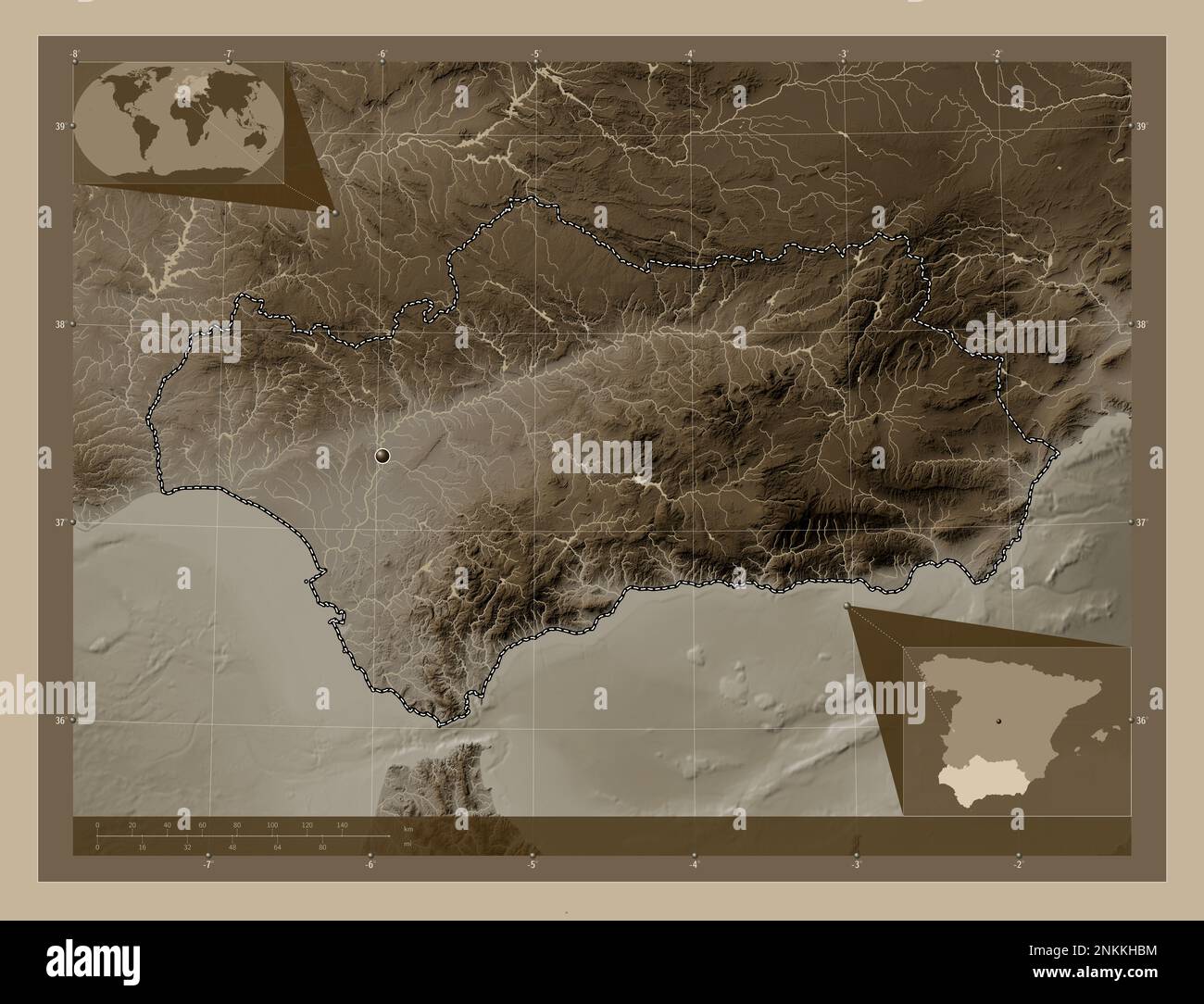 Andalucia, autonomous community of Spain. Elevation map colored in ...