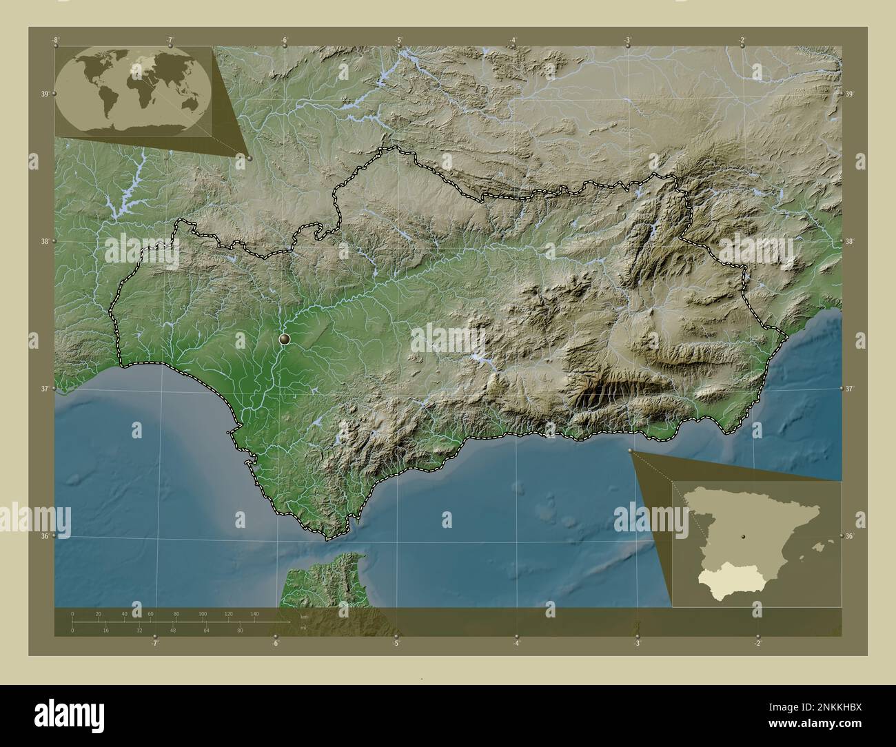 Andalucia, autonomous community of Spain. Elevation map colored in wiki ...