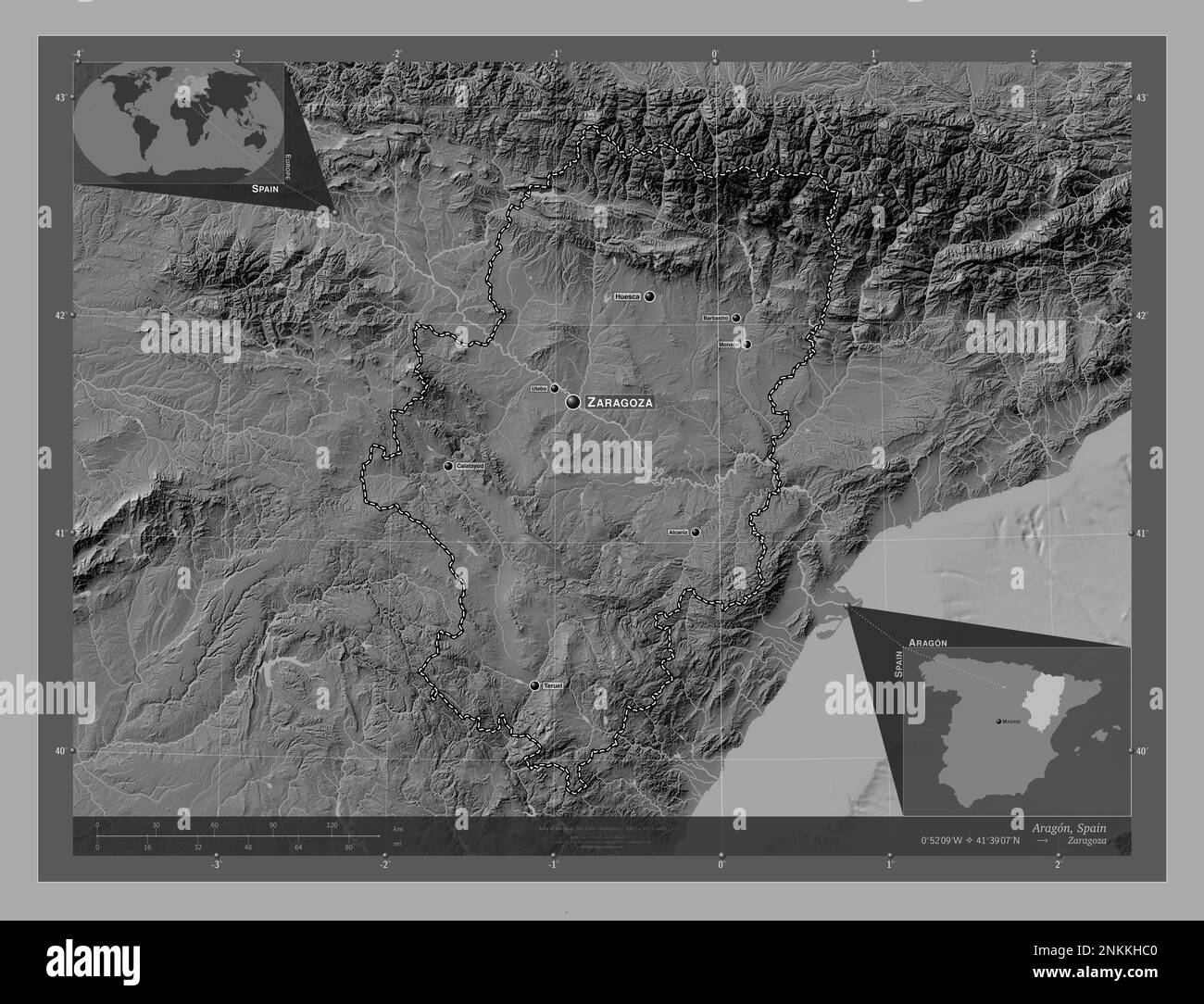 Aragon, autonomous community of Spain. Bilevel elevation map with lakes ...