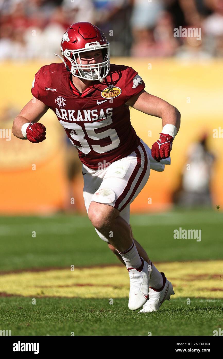 Arkansas linebacker Jake Yurachek (35) takes a defensive position ...