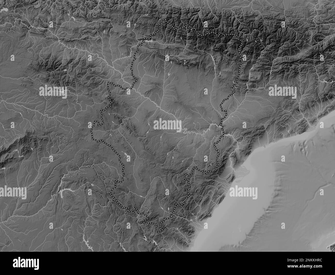 Aragon, autonomous community of Spain. Grayscale elevation map with ...