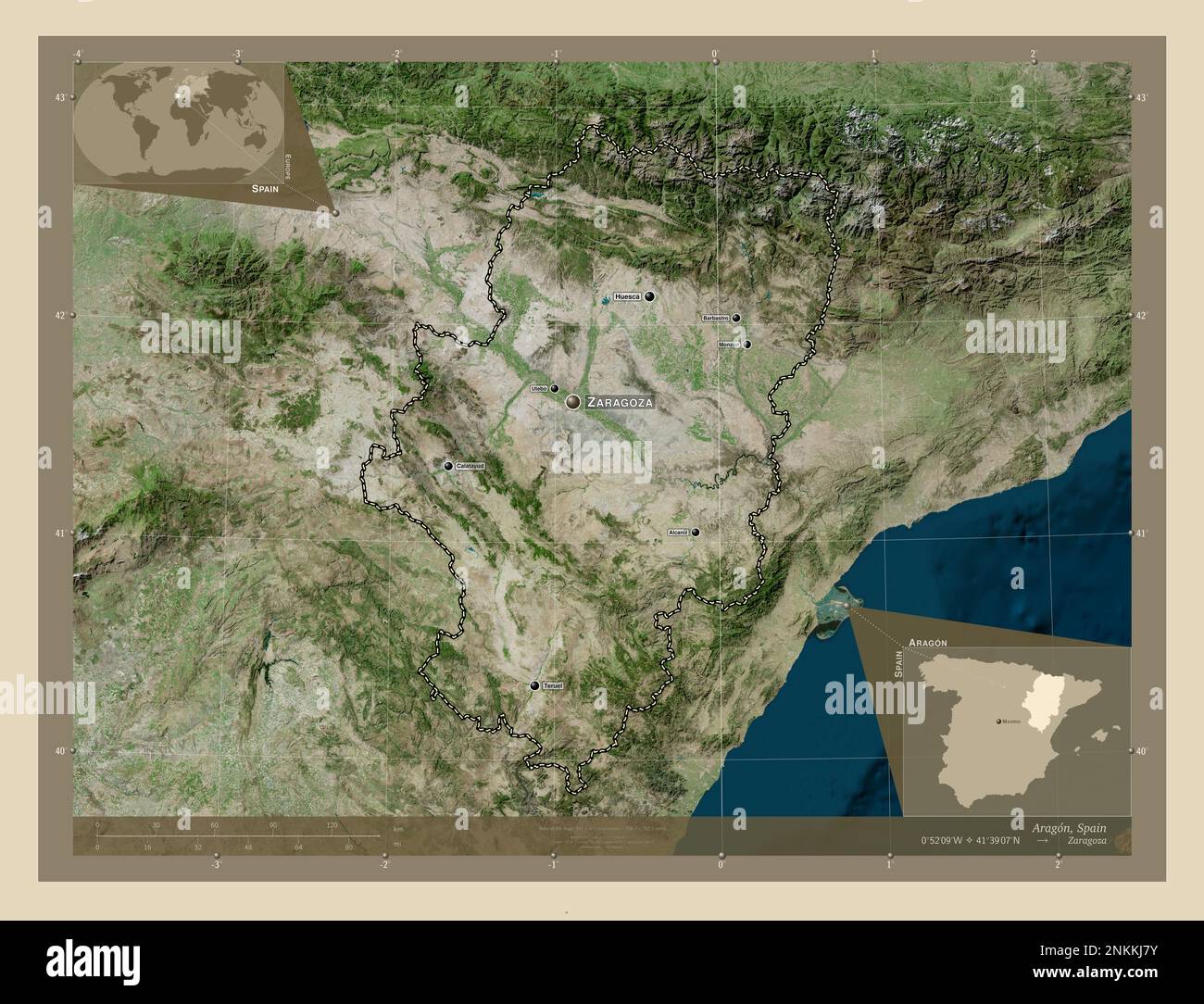 Aragon, autonomous community of Spain. High resolution satellite map ...