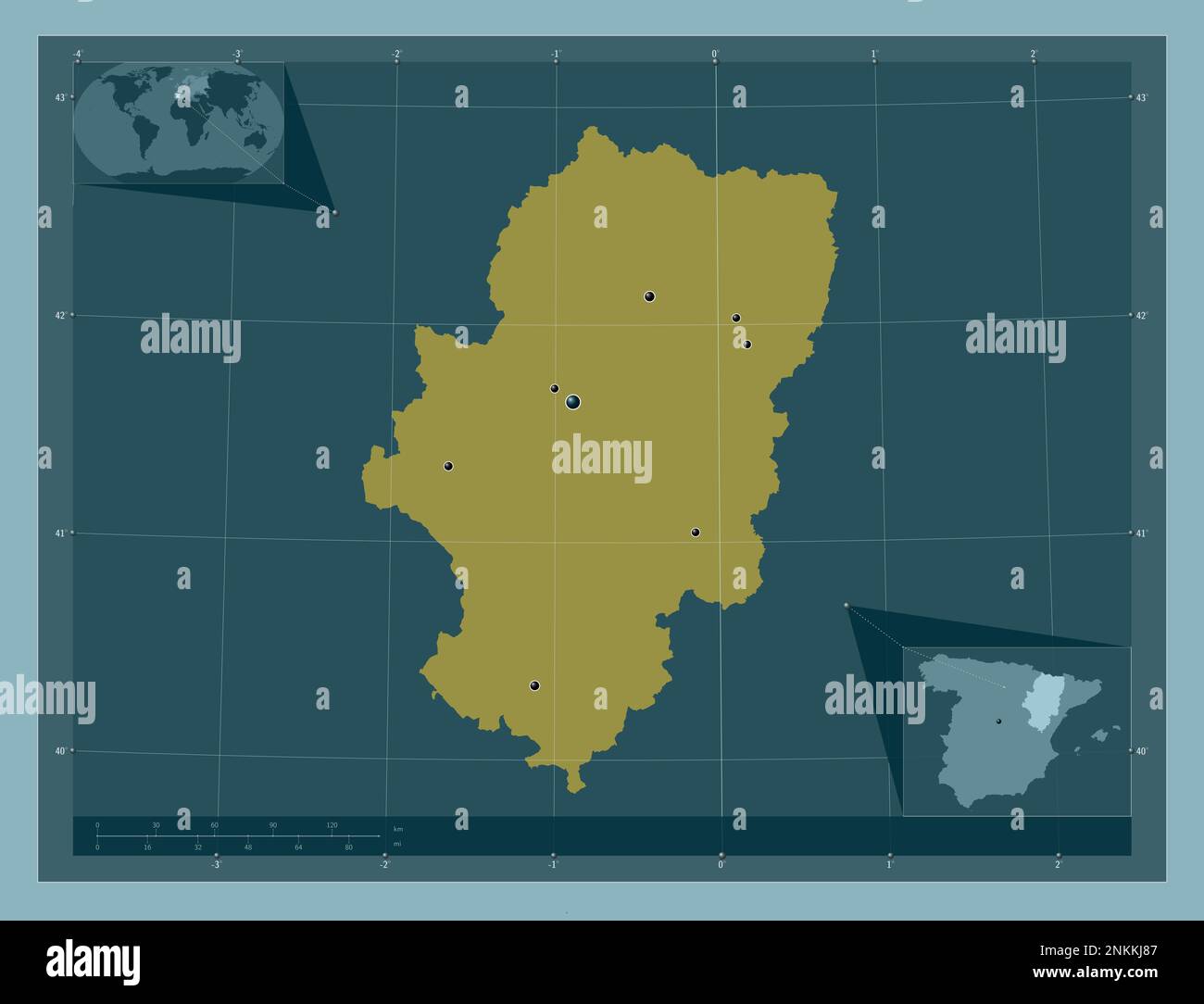 Aragon, autonomous community of Spain. Solid color shape. Locations of ...