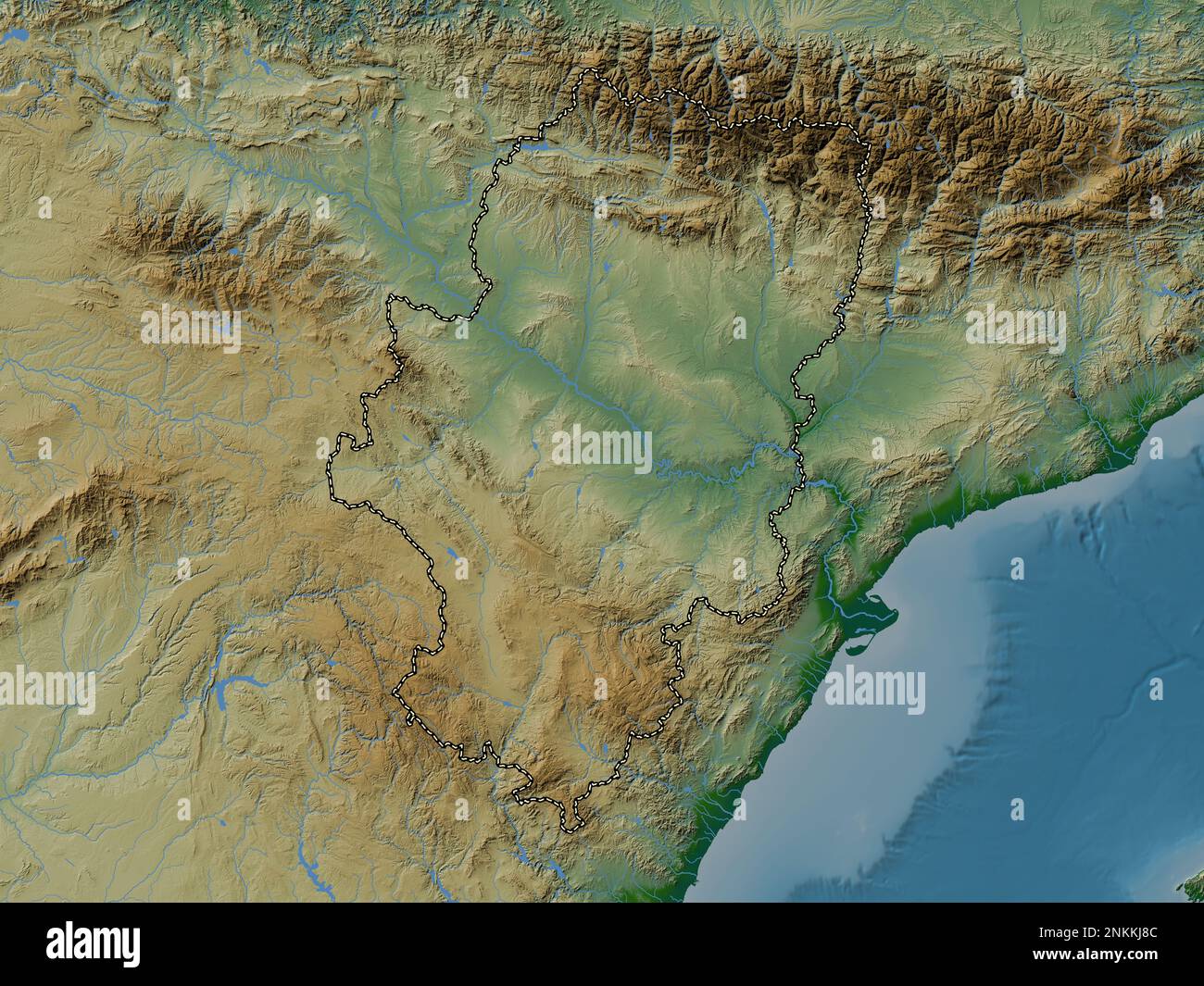 Aragon, autonomous community of Spain. Colored elevation map with lakes ...