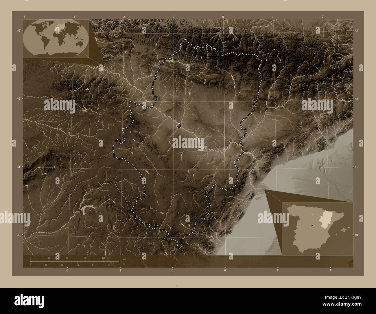 Aragon, autonomous community of Spain. Elevation map colored in sepia ...