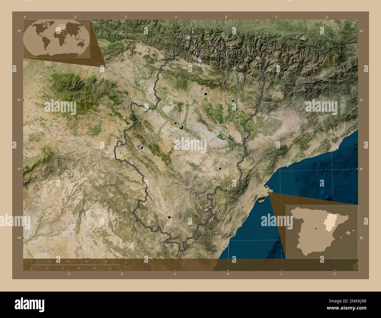 Aragon, autonomous community of Spain. Low resolution satellite map. Locations of major cities ...