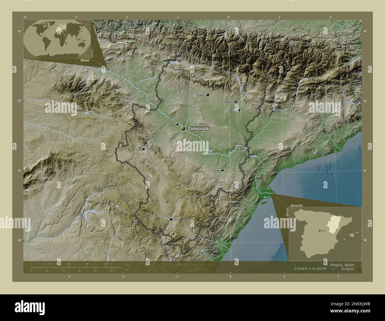 Aragon, autonomous community of Spain. Elevation map colored in wiki ...