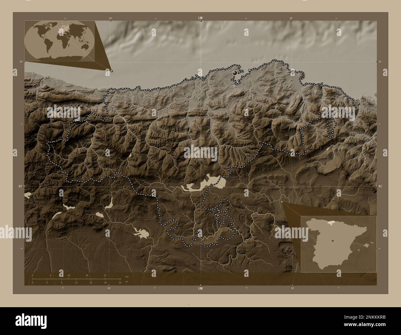 Cantabria, autonomous community of Spain. Elevation map colored in ...