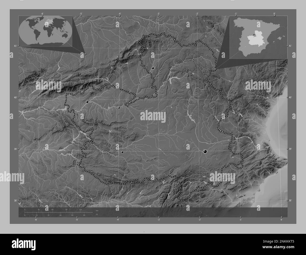 Castilla-La Mancha, autonomous community of Spain. Grayscale elevation ...