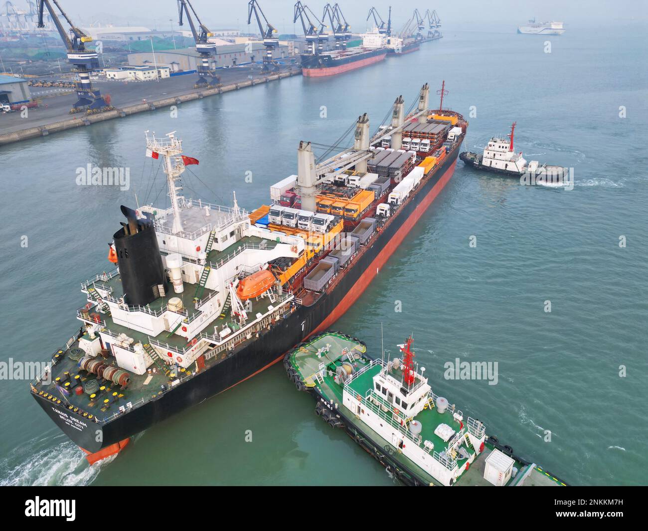 Aerial photo shows a China-Africa liner ship setting off at Yantai Port ...