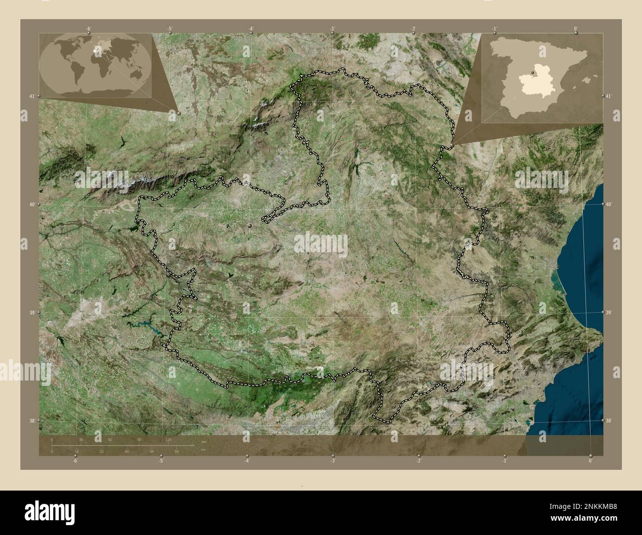 Castilla-La Mancha, autonomous community of Spain. High resolution satellite map. Corner ...