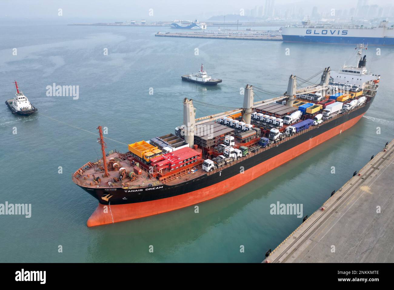 Aerial photo shows a China-Africa liner ship setting off at Yantai Port ...