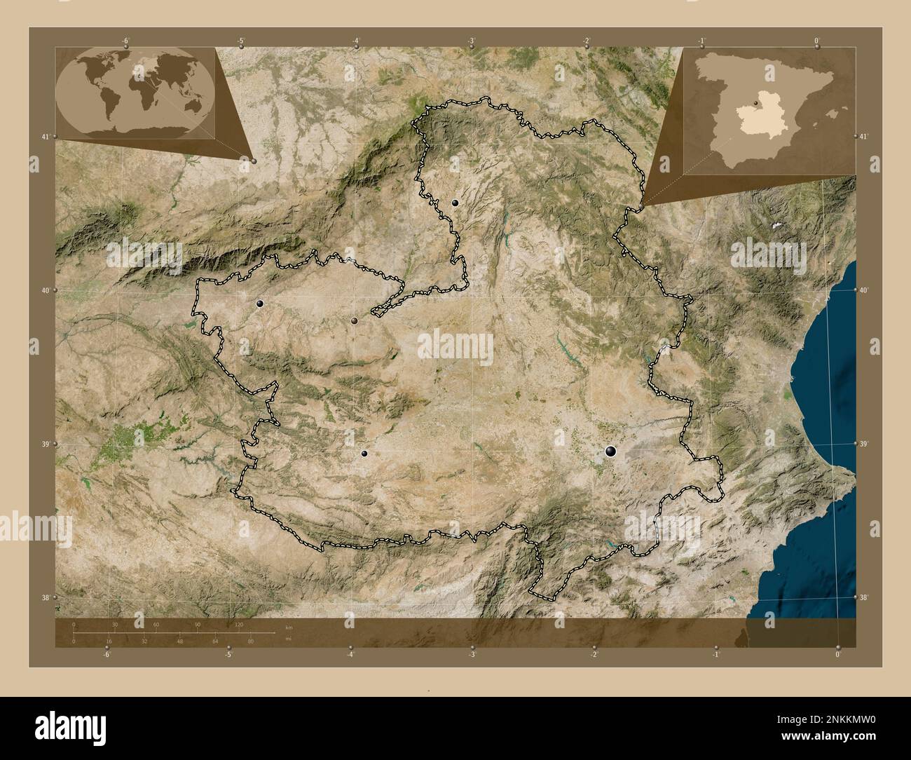 Castilla-La Mancha, autonomous community of Spain. Low resolution satellite map. Locations of ...
