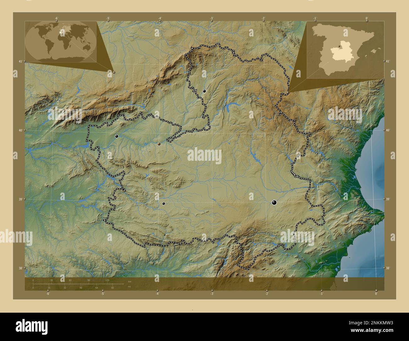 Castilla-La Mancha, autonomous community of Spain. Colored elevation ...