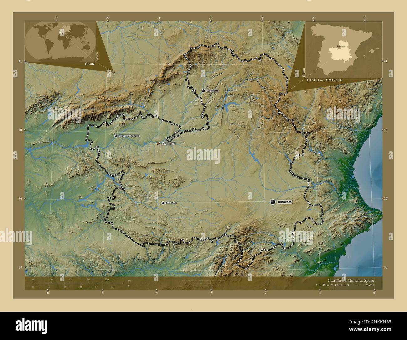 Castilla-La Mancha, autonomous community of Spain. Colored elevation ...