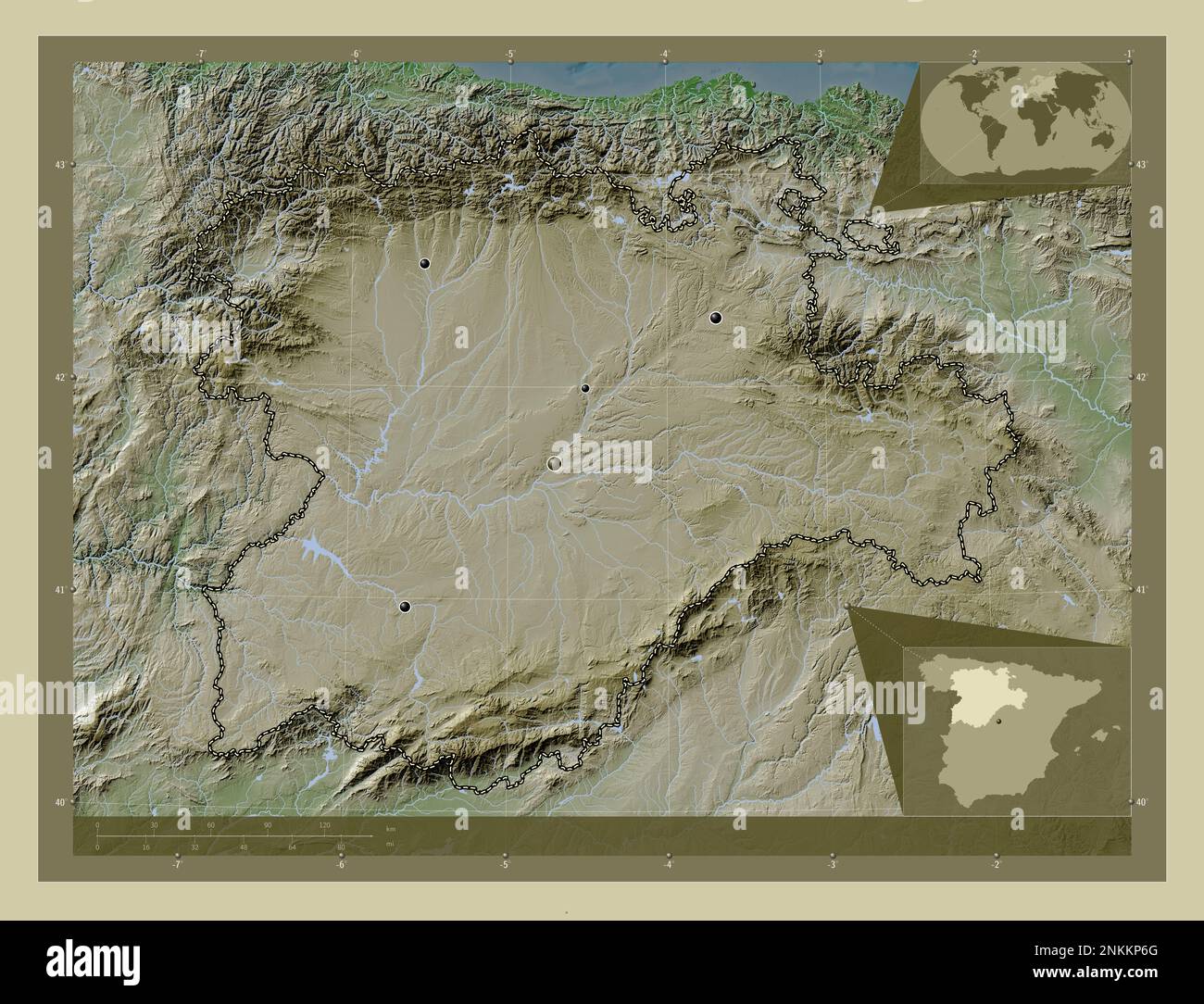 Castilla y Leon, autonomous community of Spain. Elevation map colored ...