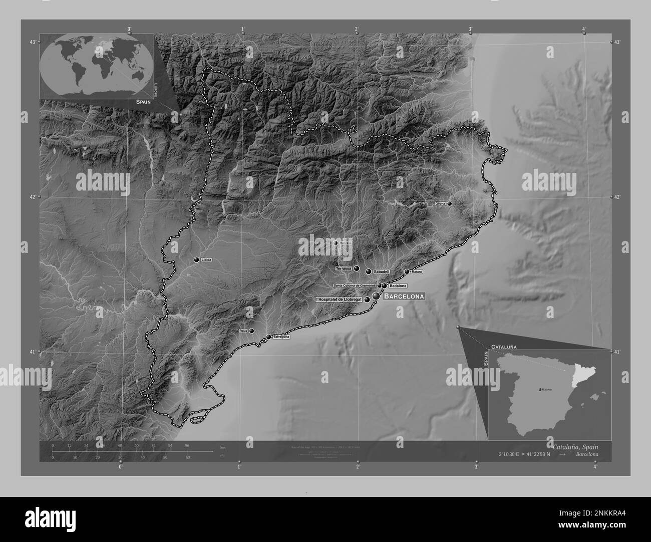 Cataluna, autonomous community of Spain. Grayscale elevation map with ...