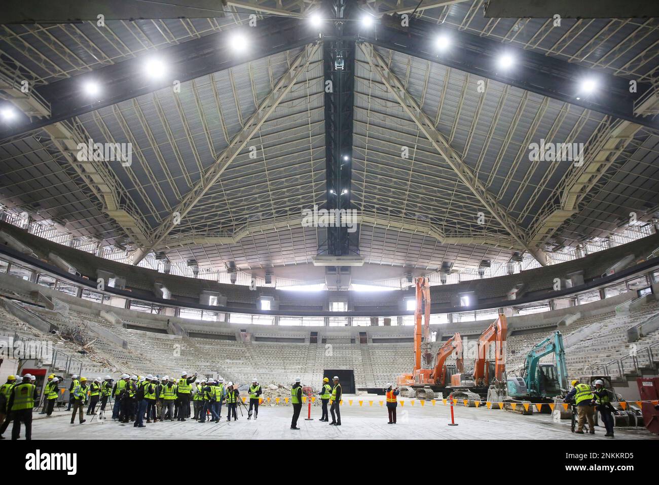 A media tour views the demolition progress at the Seattle Center Arena ...
