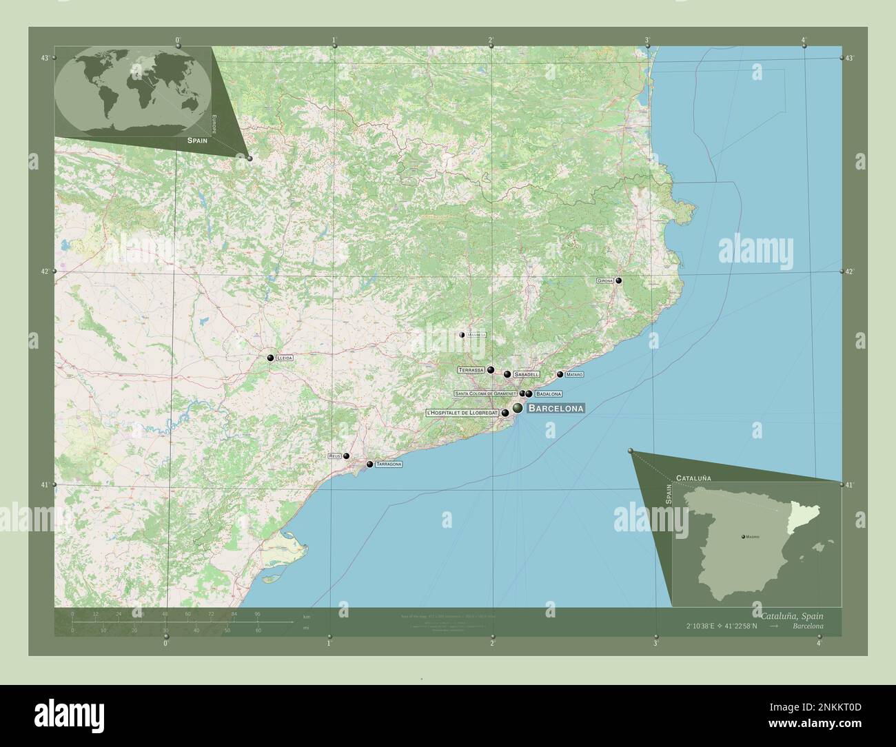Cataluna, autonomous community of Spain. Open Street Map. Locations and ...