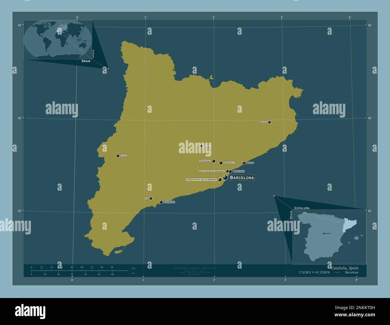 Cataluna, autonomous community of Spain. Solid color shape. Locations ...