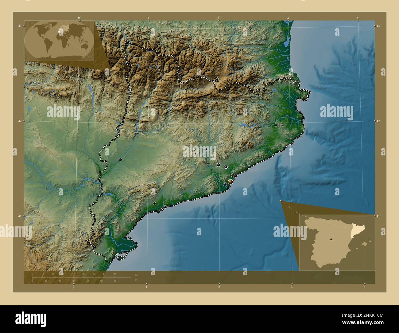 Cataluna, autonomous community of Spain. Colored elevation map with lakes and rivers. Locations ...