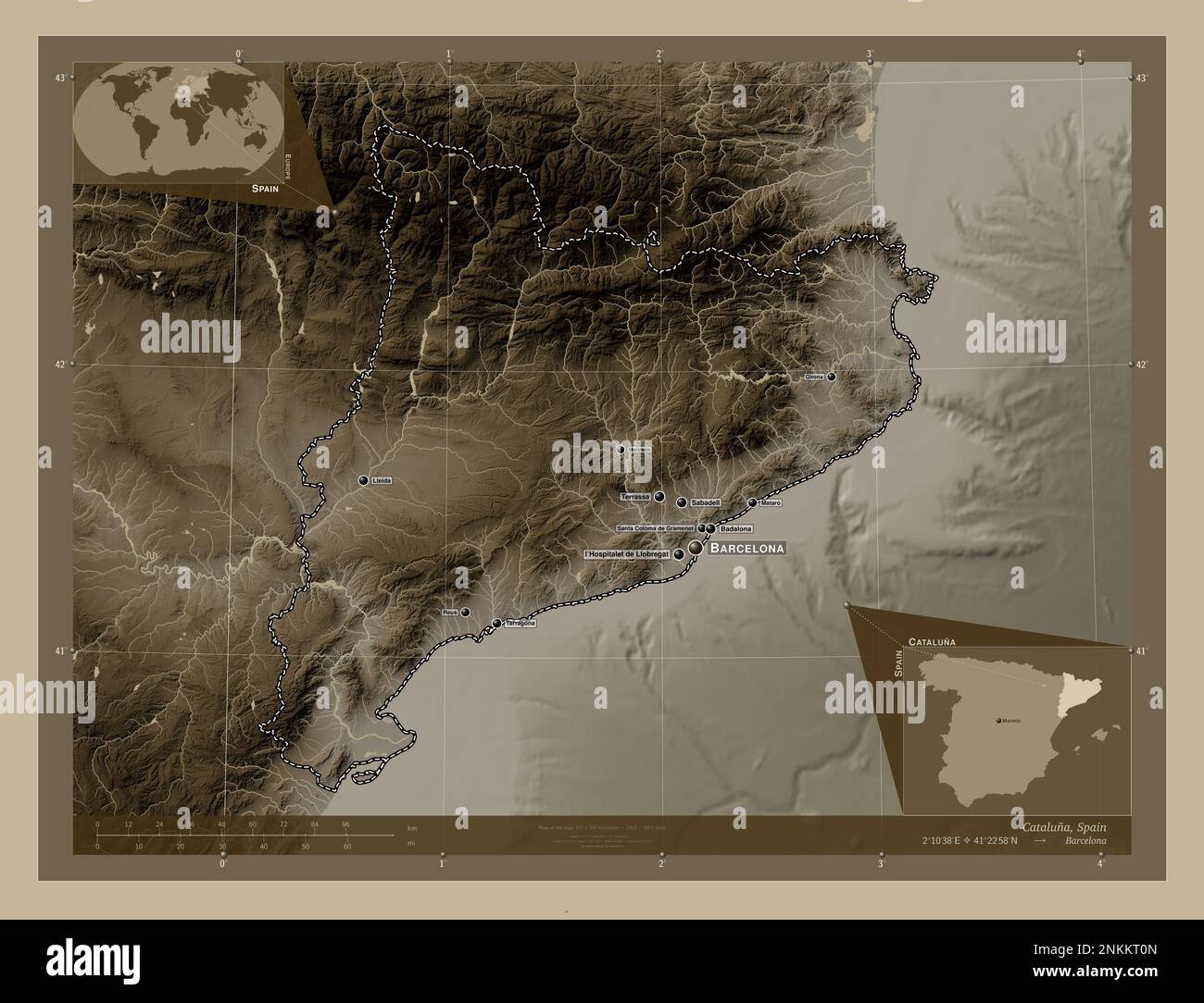 Cataluna, autonomous community of Spain. Elevation map colored in sepia ...