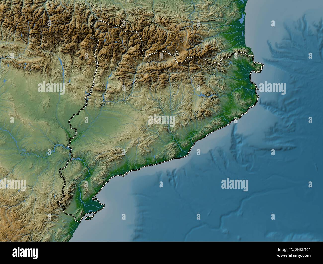Cataluna, autonomous community of Spain. Colored elevation map with ...