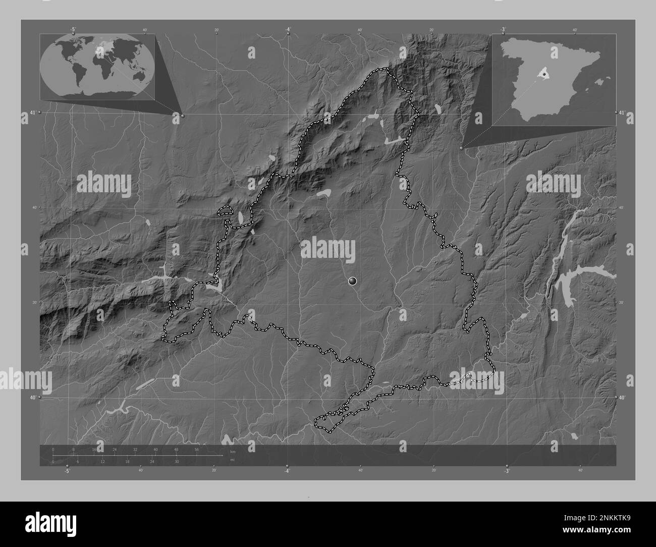 Comunidad de Madrid, autonomous community of Spain. Grayscale elevation ...