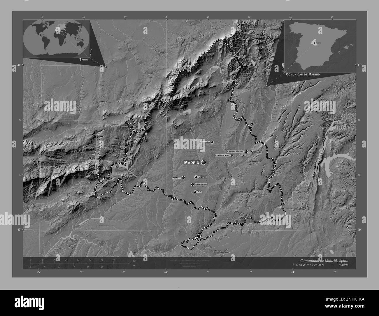 Comunidad de Madrid, autonomous community of Spain. Bilevel elevation ...