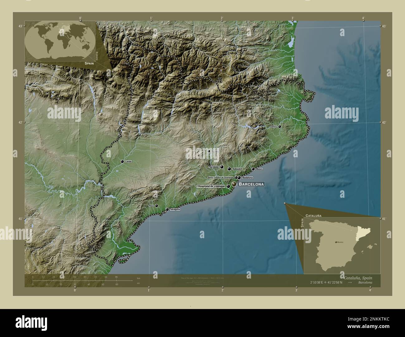 Cataluna, autonomous community of Spain. Elevation map colored in wiki ...