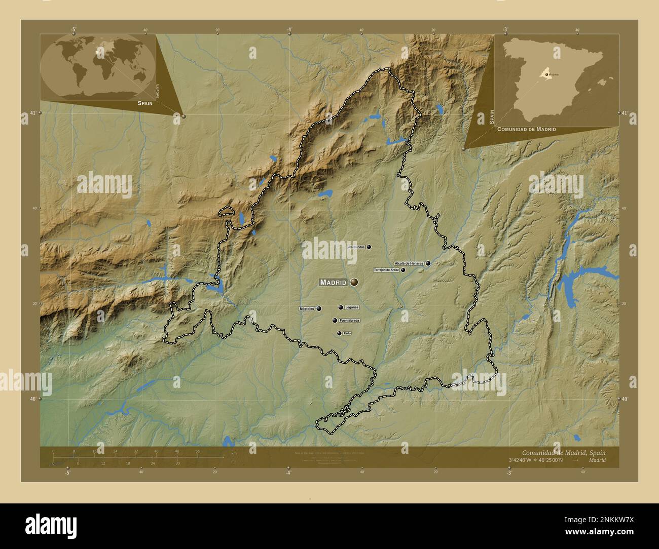 Comunidad de Madrid, autonomous community of Spain. Colored elevation ...