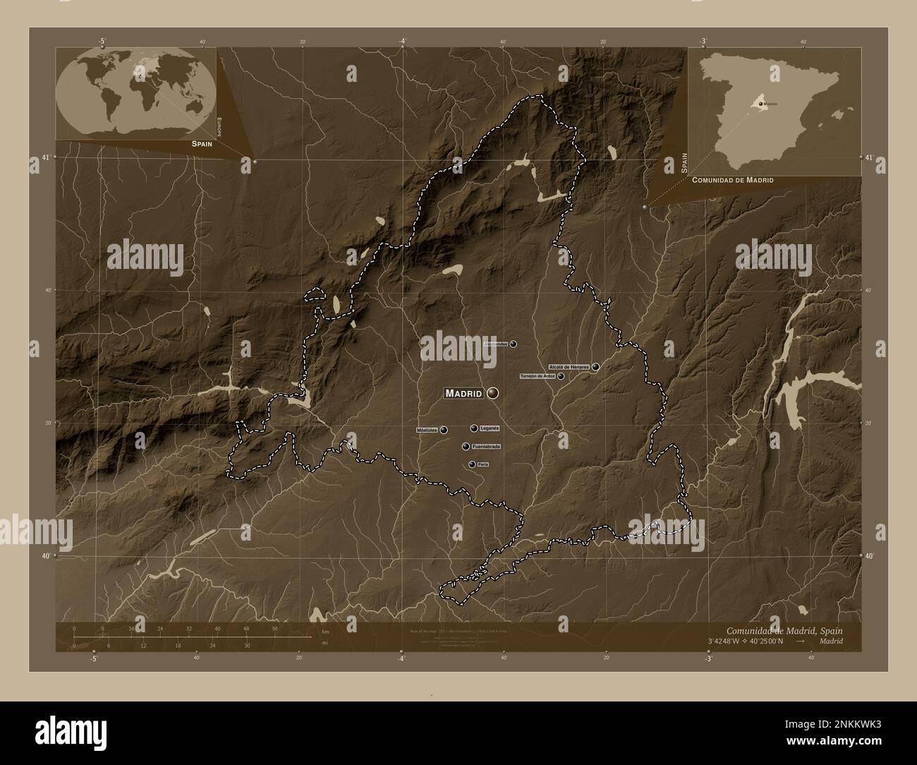 Comunidad de Madrid, autonomous community of Spain. Elevation map ...