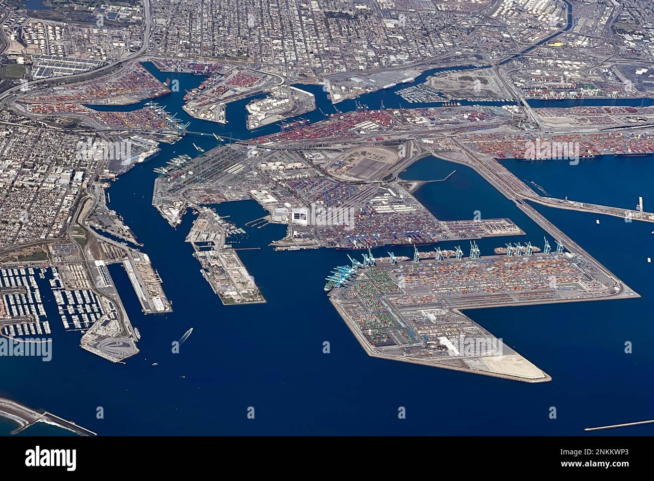 An aerial view of Cargo ship containers are seen in the Port of Long ...