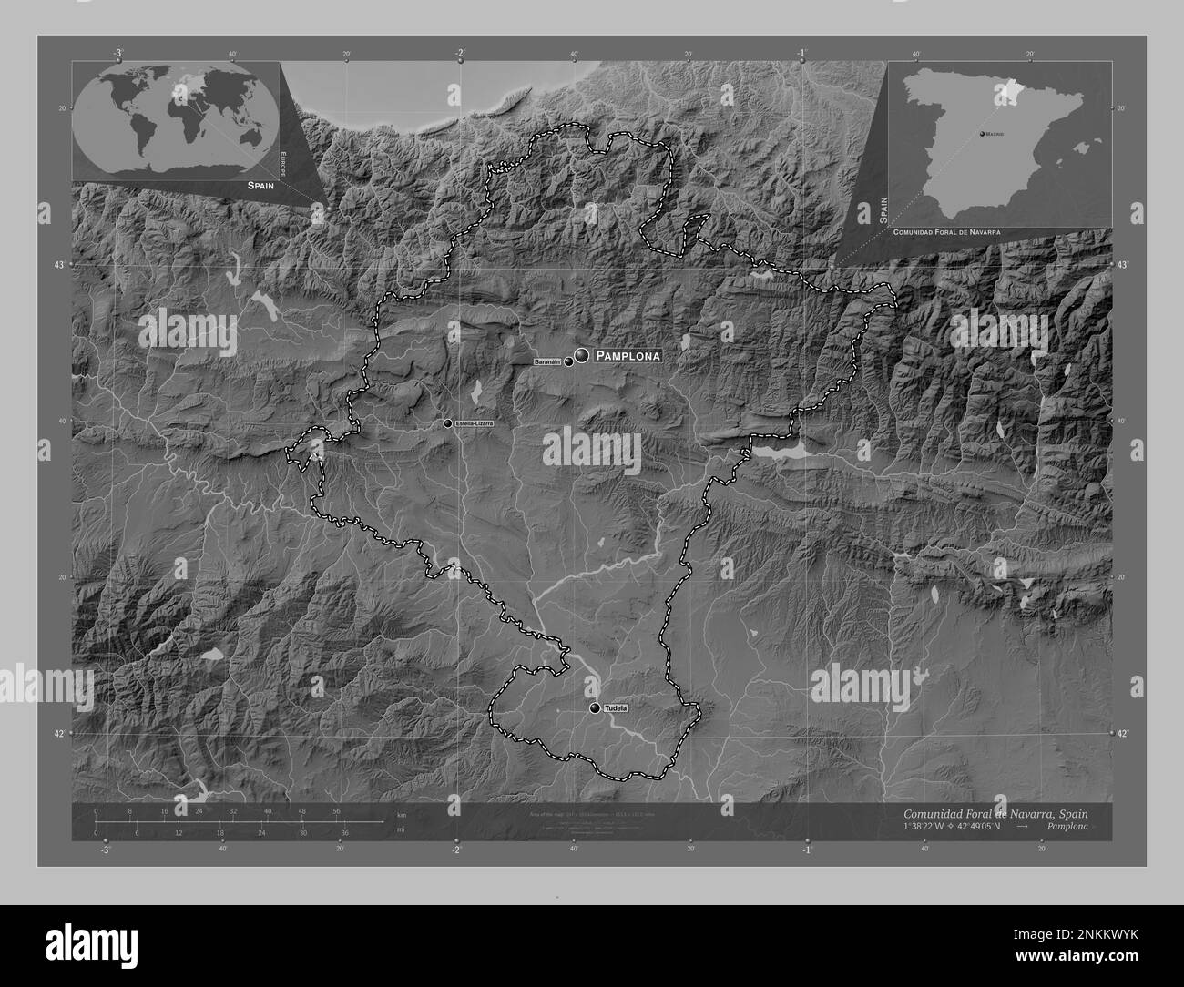 Comunidad Foral de Navarra, autonomous community of Spain. Grayscale ...