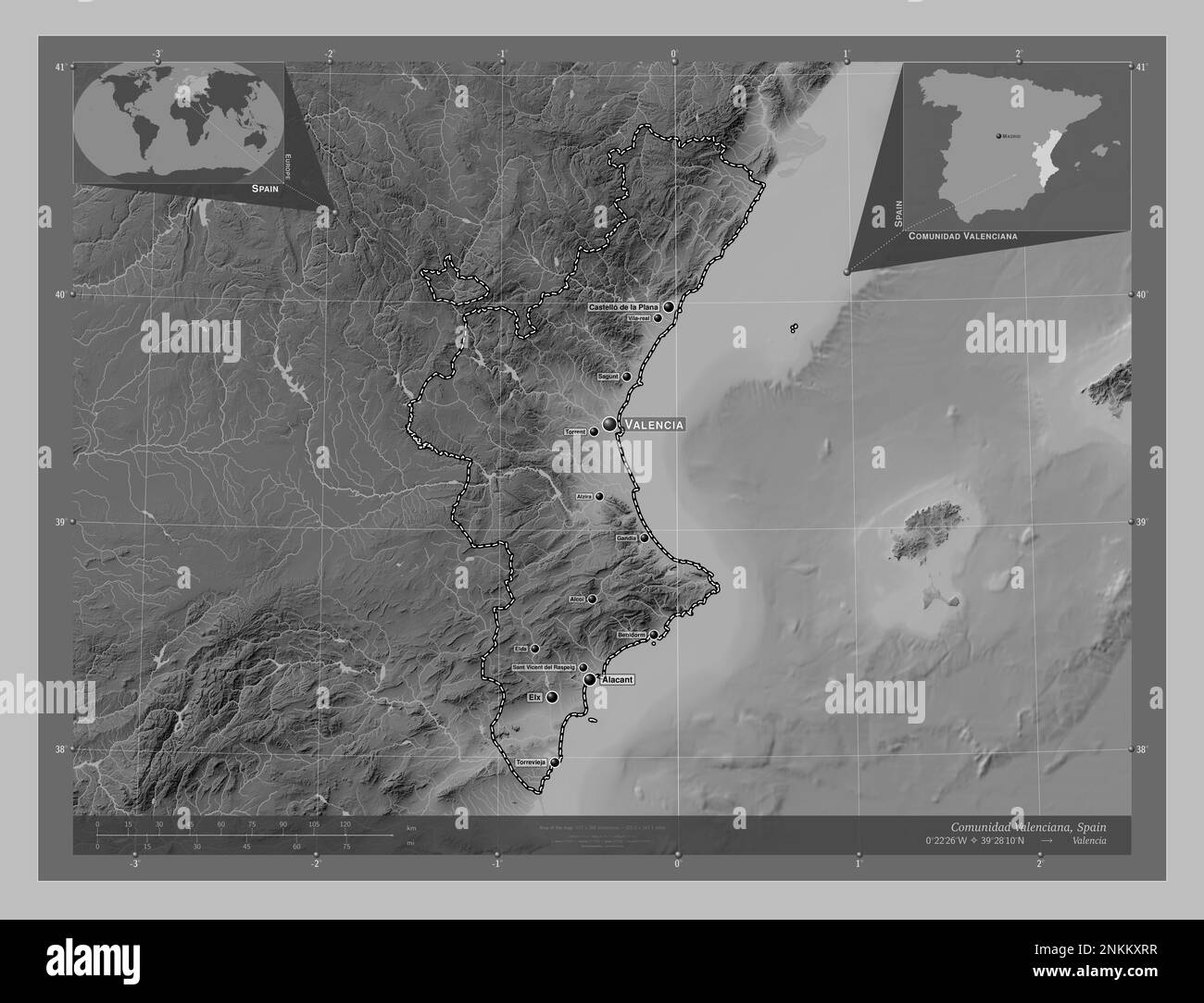 Comunidad Valenciana, autonomous community of Spain. Grayscale ...