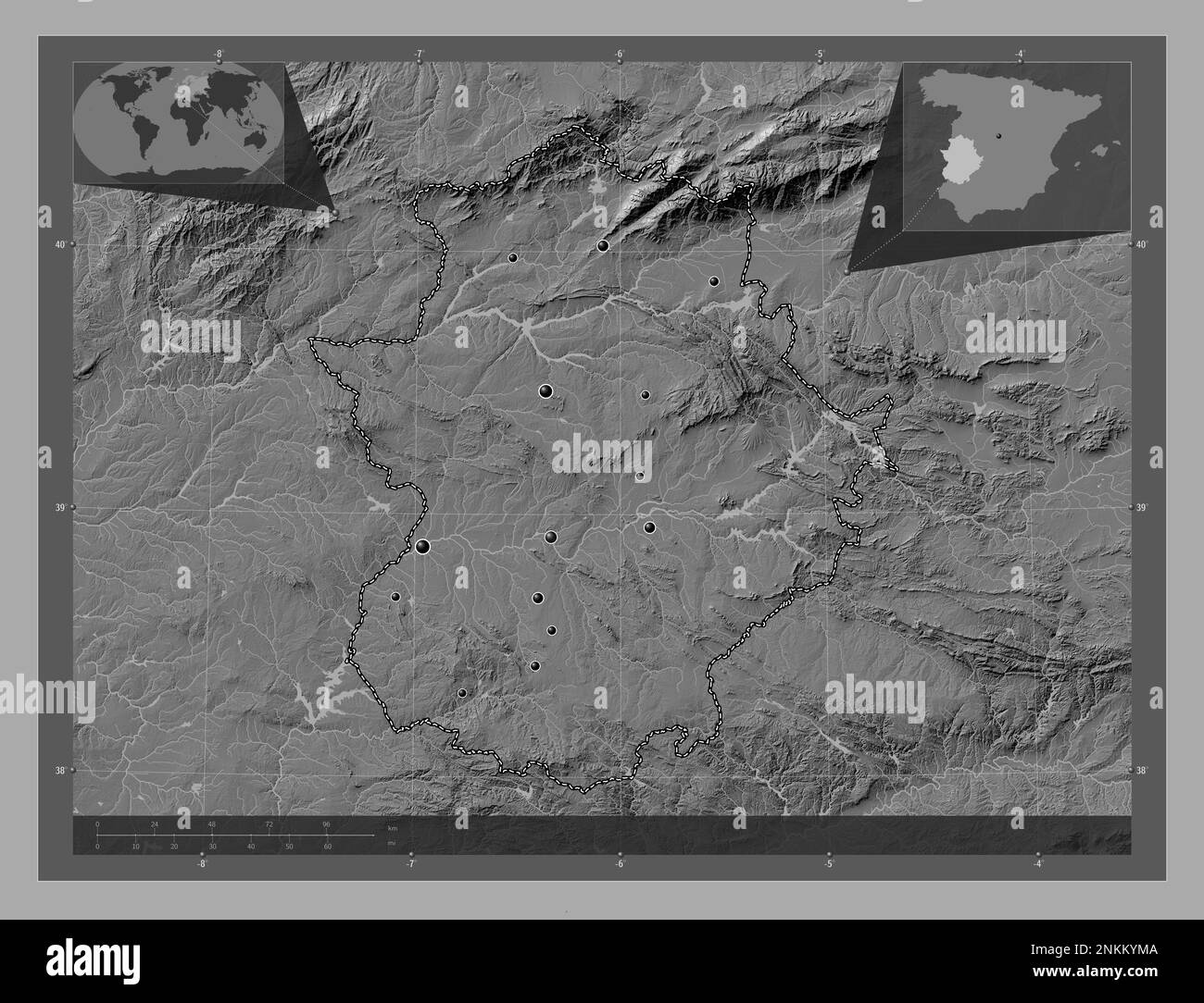 Extremadura, autonomous community of Spain. Bilevel elevation map with ...