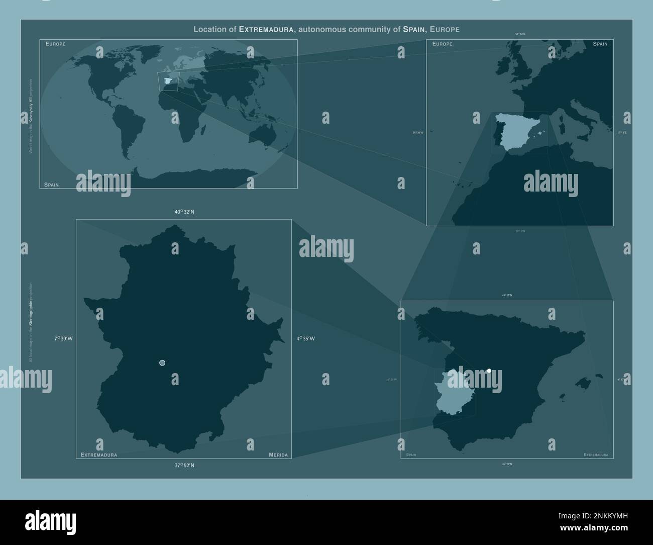 Extremadura, autonomous community of Spain. Diagram showing the location of the region on larger ...