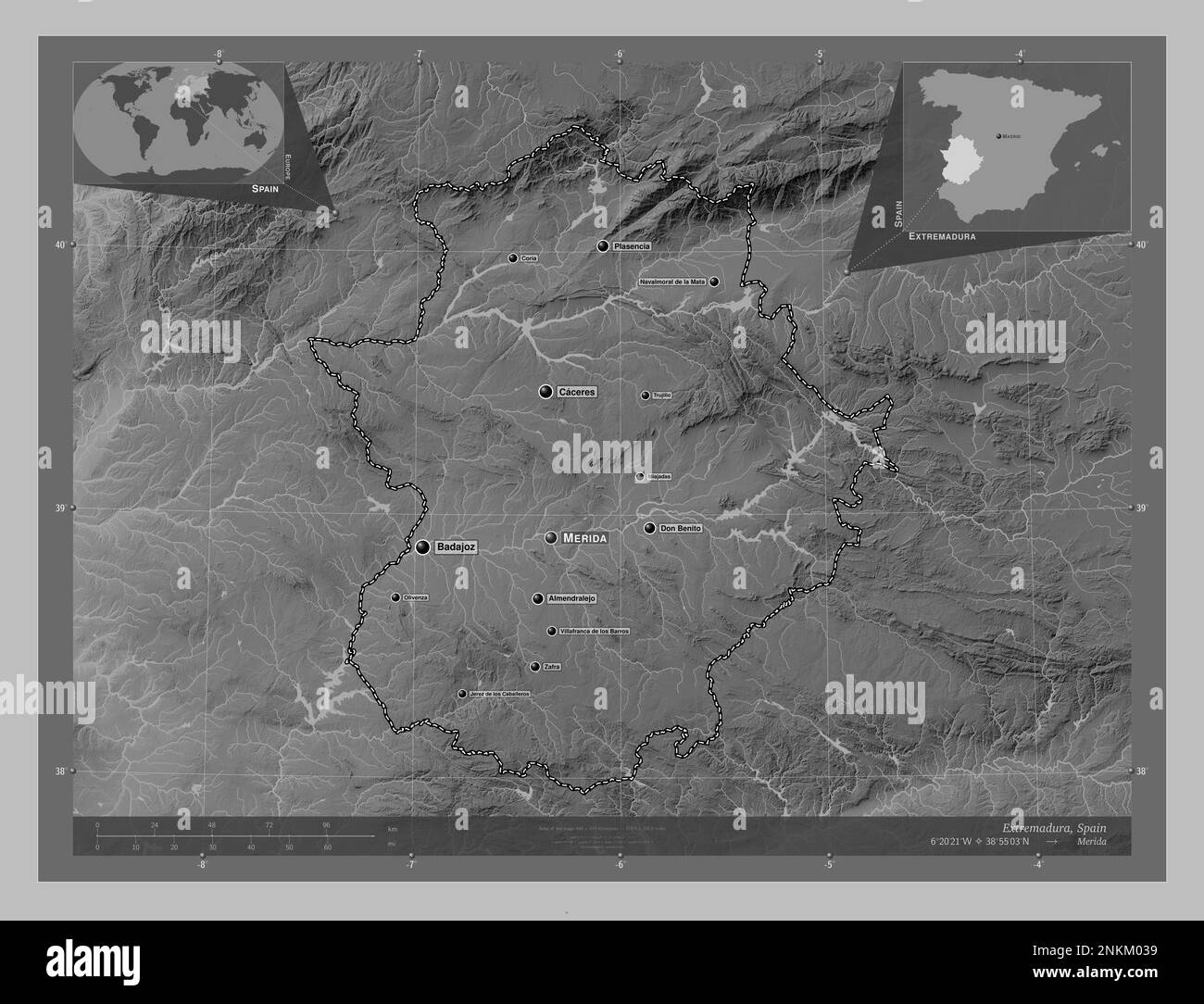 Extremadura, autonomous community of Spain. Grayscale elevation map with lakes and rivers ...
