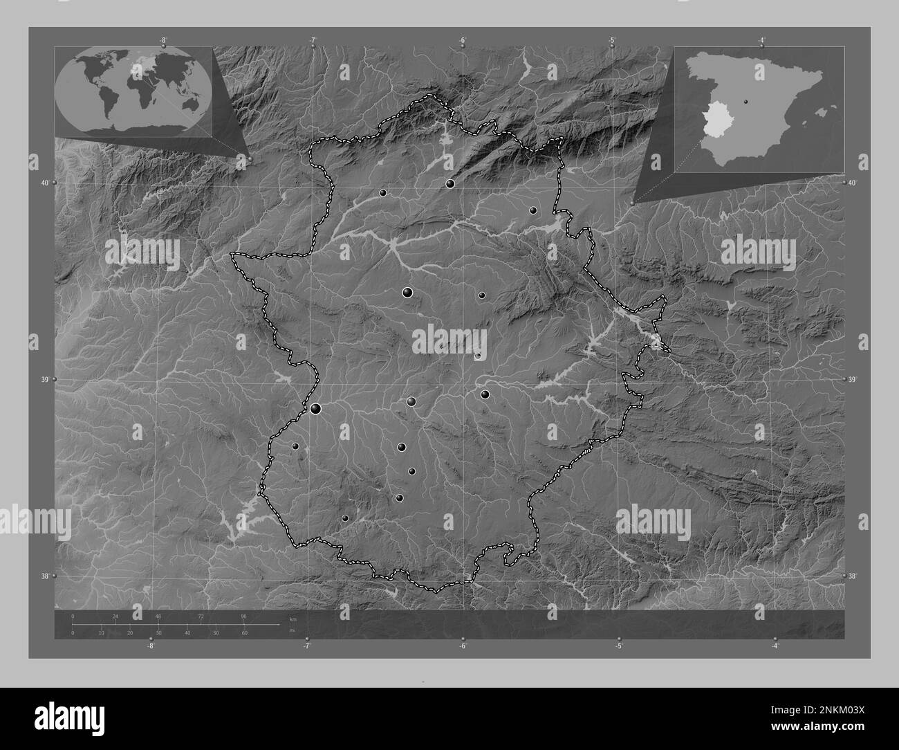 Extremadura, autonomous community of Spain. Grayscale elevation map with lakes and rivers ...